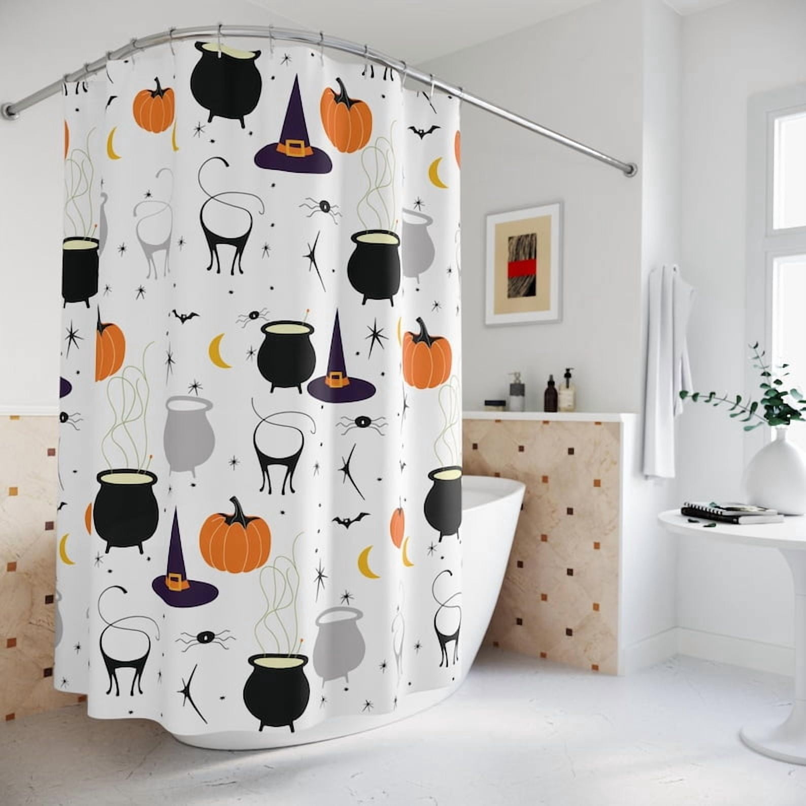 Halloween Shower Curtain Spooky Bathroom Decor Witch Cauldron Pumpkin ...