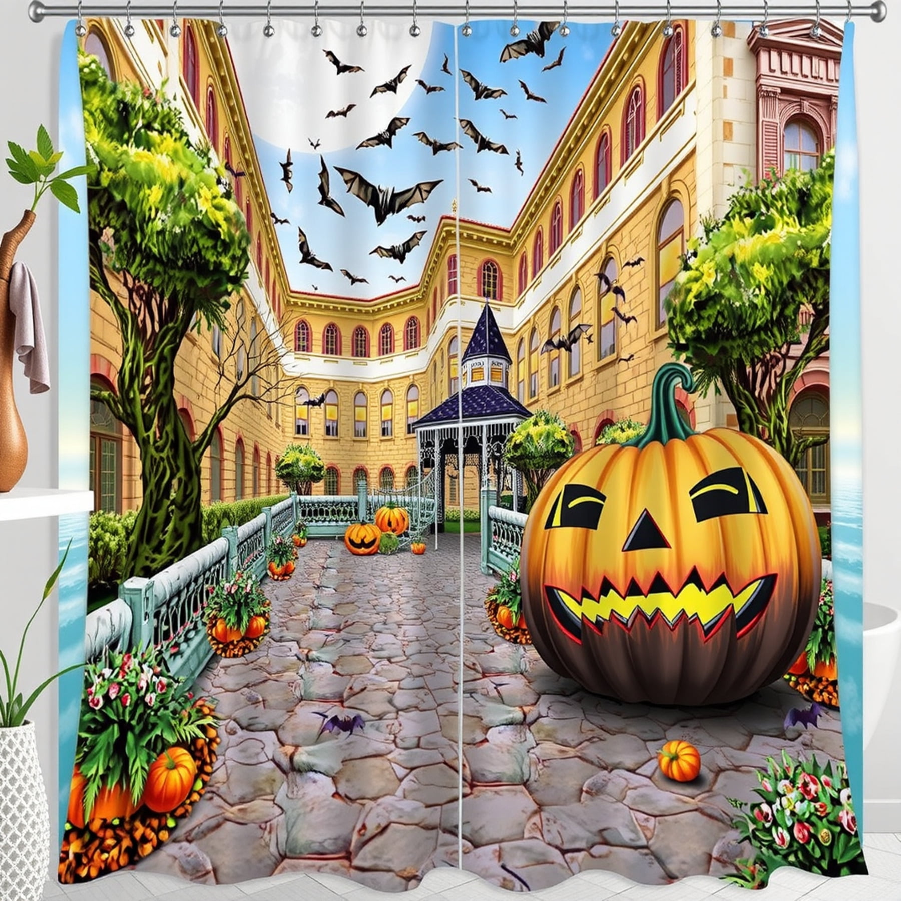 Halloween Shower Curtain - Spooky Courtyard Design with Bats and ...