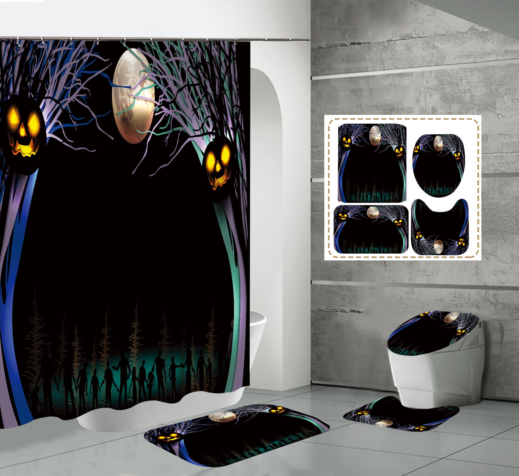 Halloween Shower Curtain For Bathroom Gnomes Pumpkin Truck Trick Or