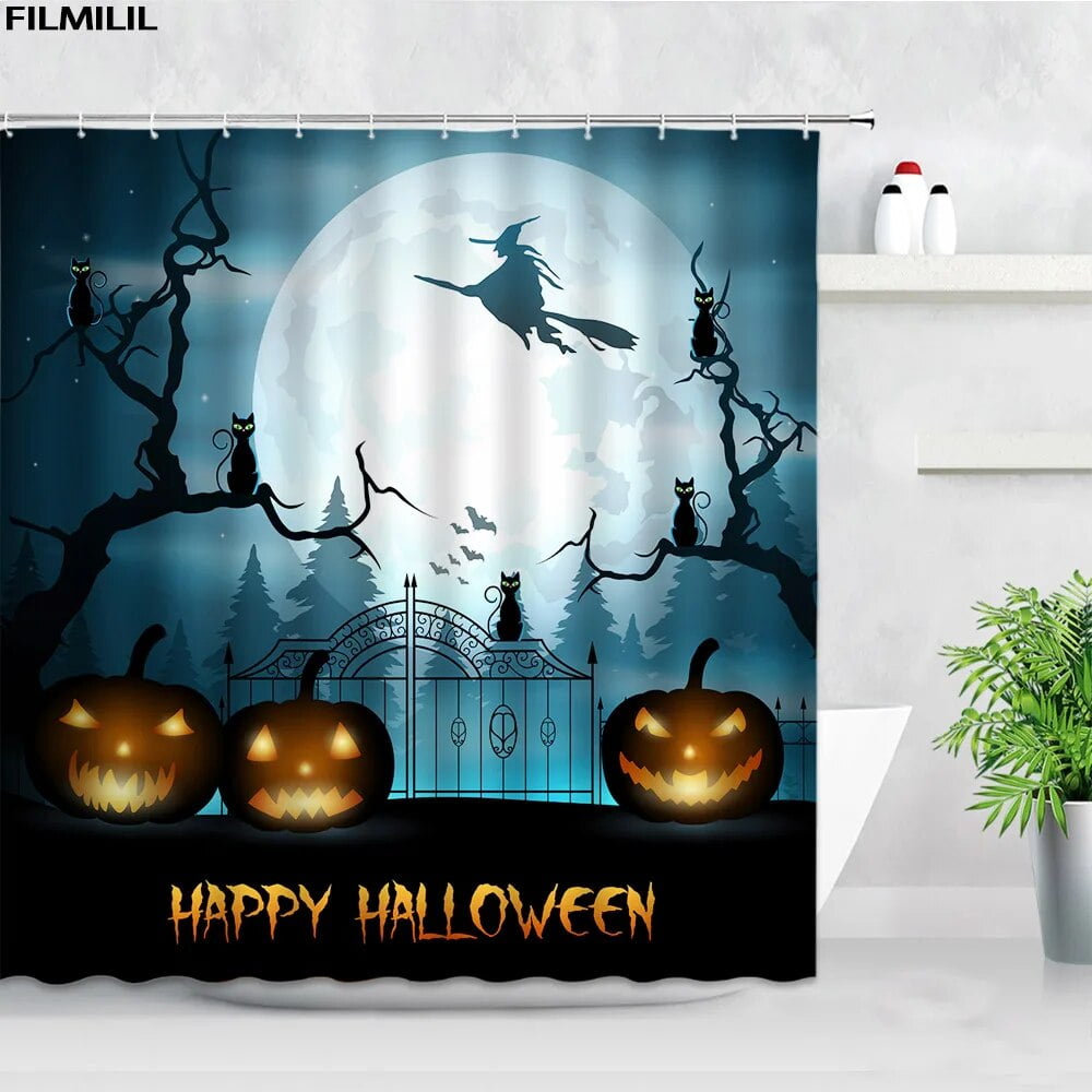 Halloween Shower Curtains Castle Witch Horror Forest Pumpkin Lantern