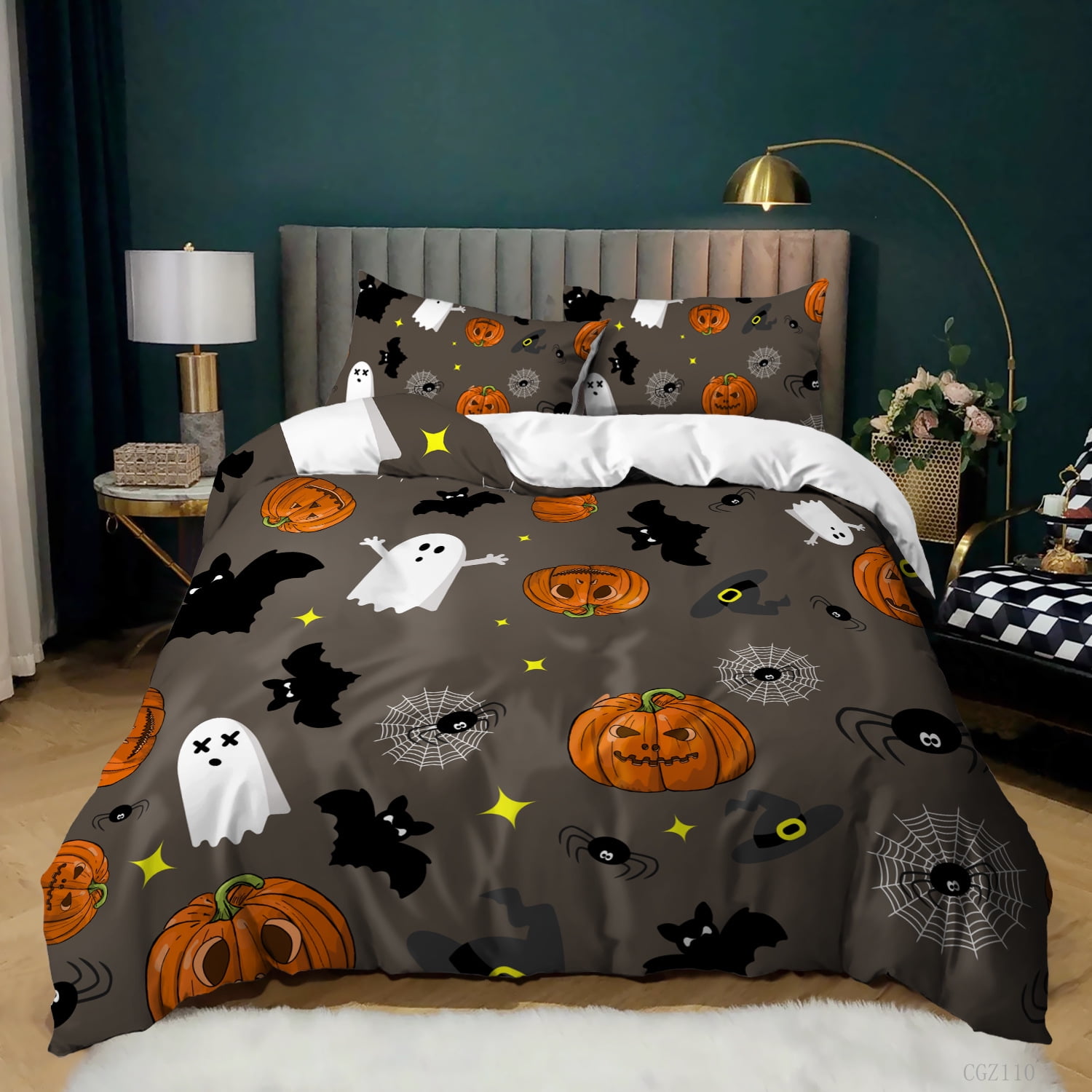 Halloween Size Quilt Set Spider web, pumpkin Bedding Comforter Set ...