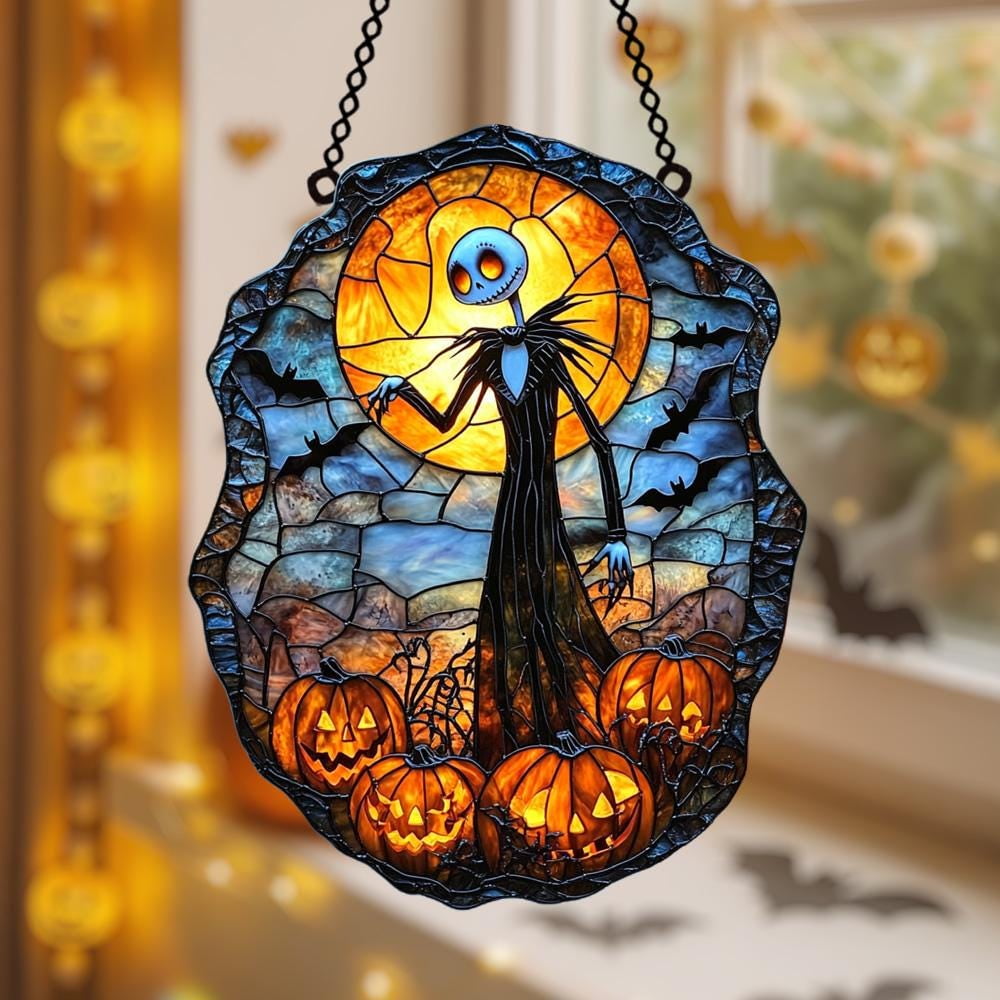 Halloween Skeleton Acrylic Suncatcher Faux Glass Pumpkin King with Bats ...