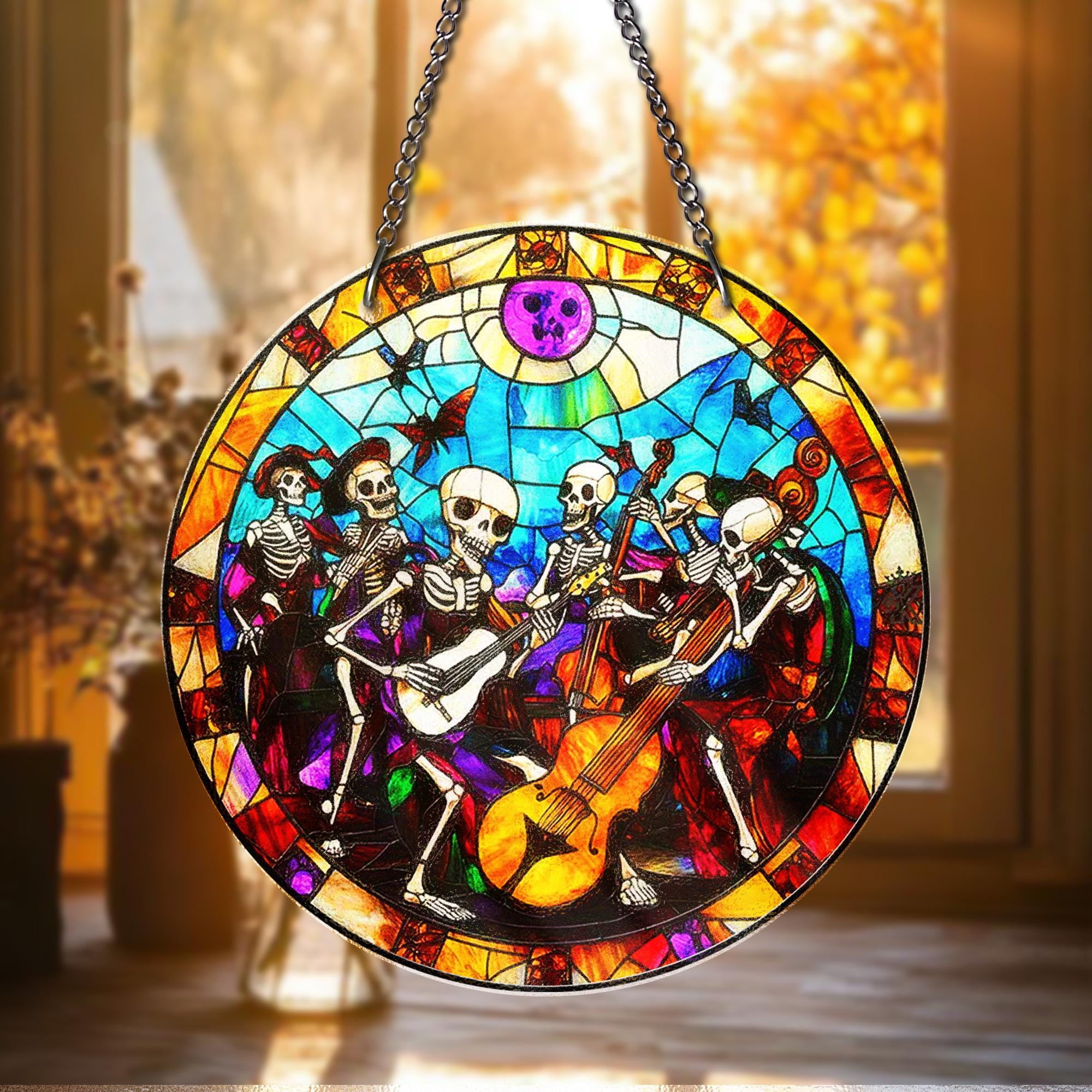 Halloween Skeleton Band Stained Glass Suncatcher Halloween Music Decor ...