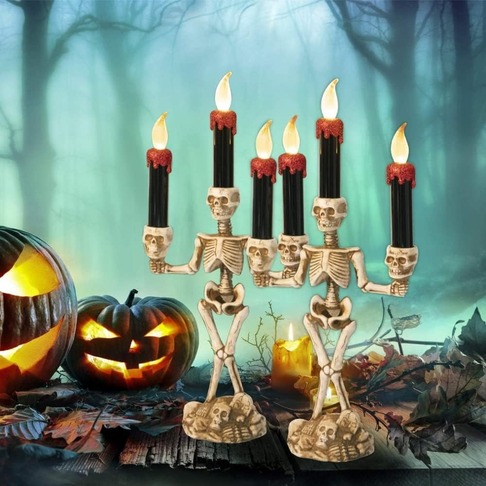Halloween Skeleton Candle Holder 3Arm LED Flameless Electronic Candle ...