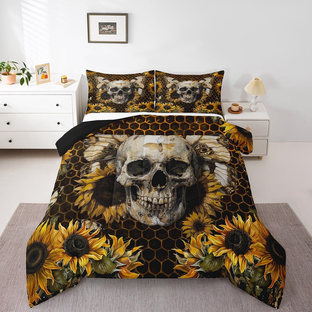 Halloween Skeleton Comforter Set Twin Size Honeycomb Sunflower Skull ...