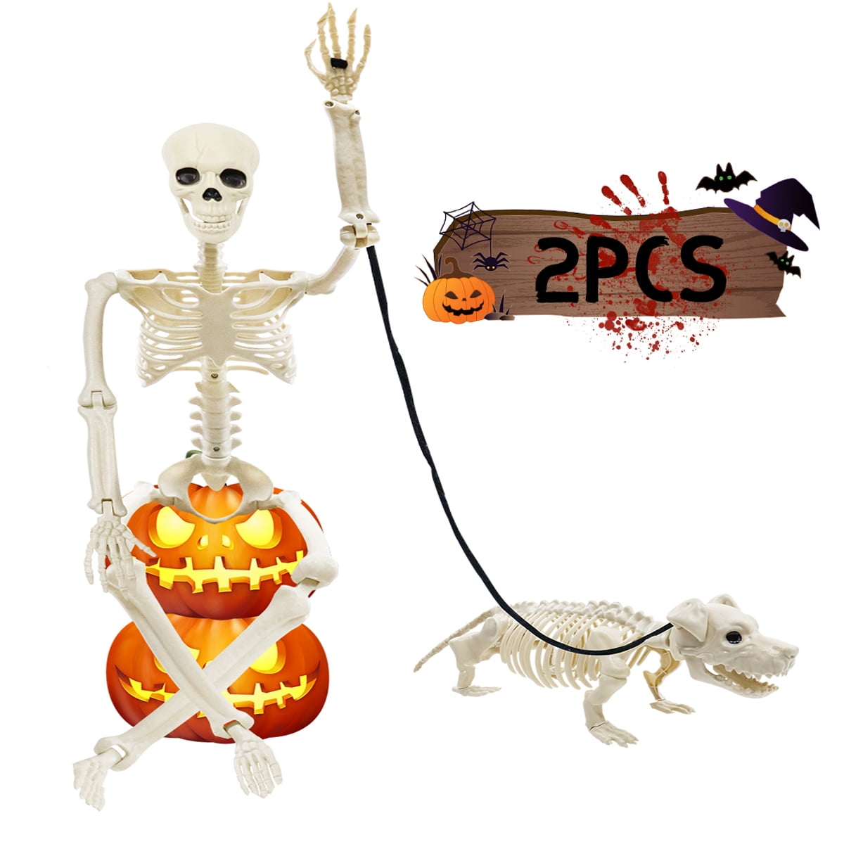 Halloween Skeleton Decoration Posable Fake Skeleton with Dog Spooky ...