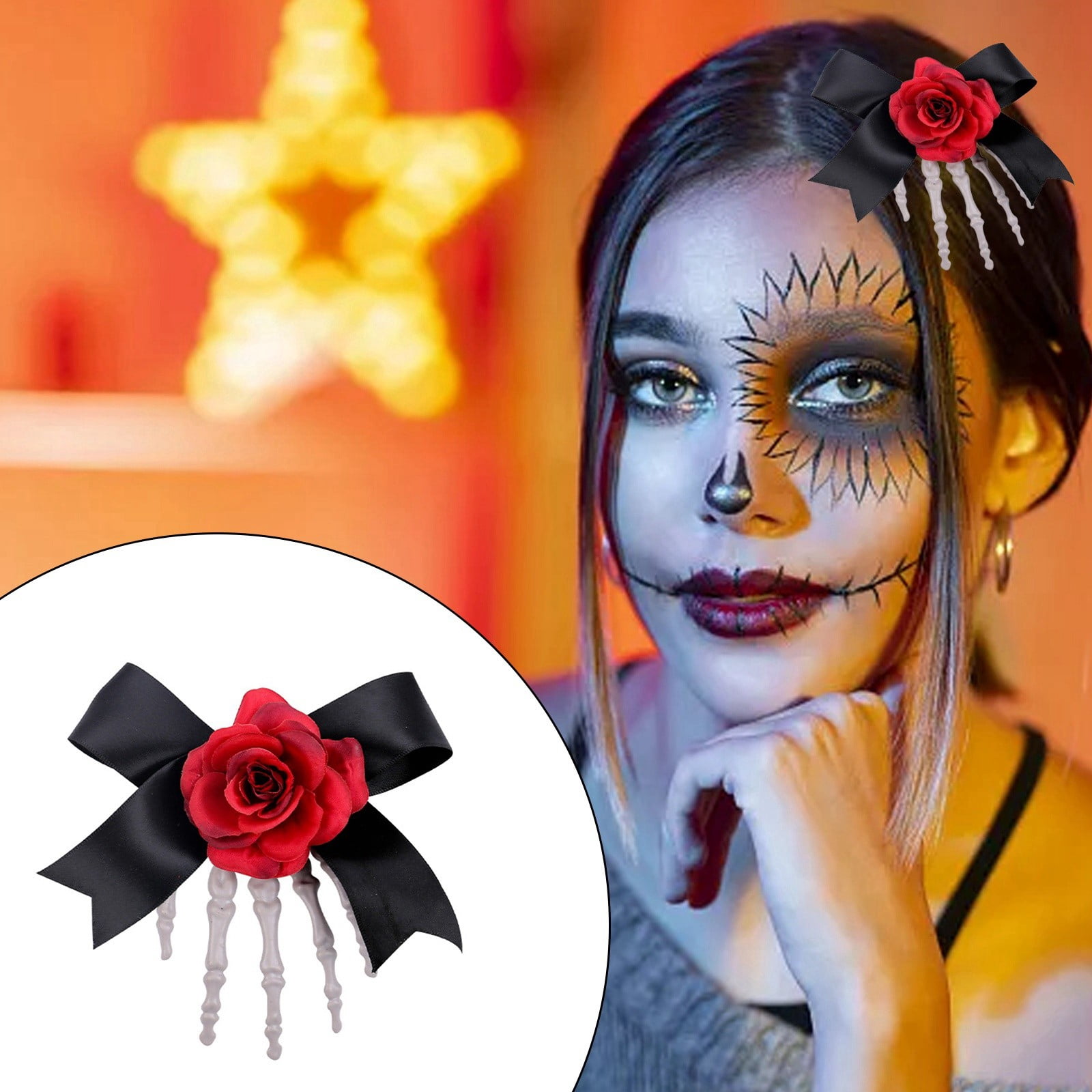 Halloween Skeleton Hand Hair Clip with Rose Bow for Festival Party Side ...