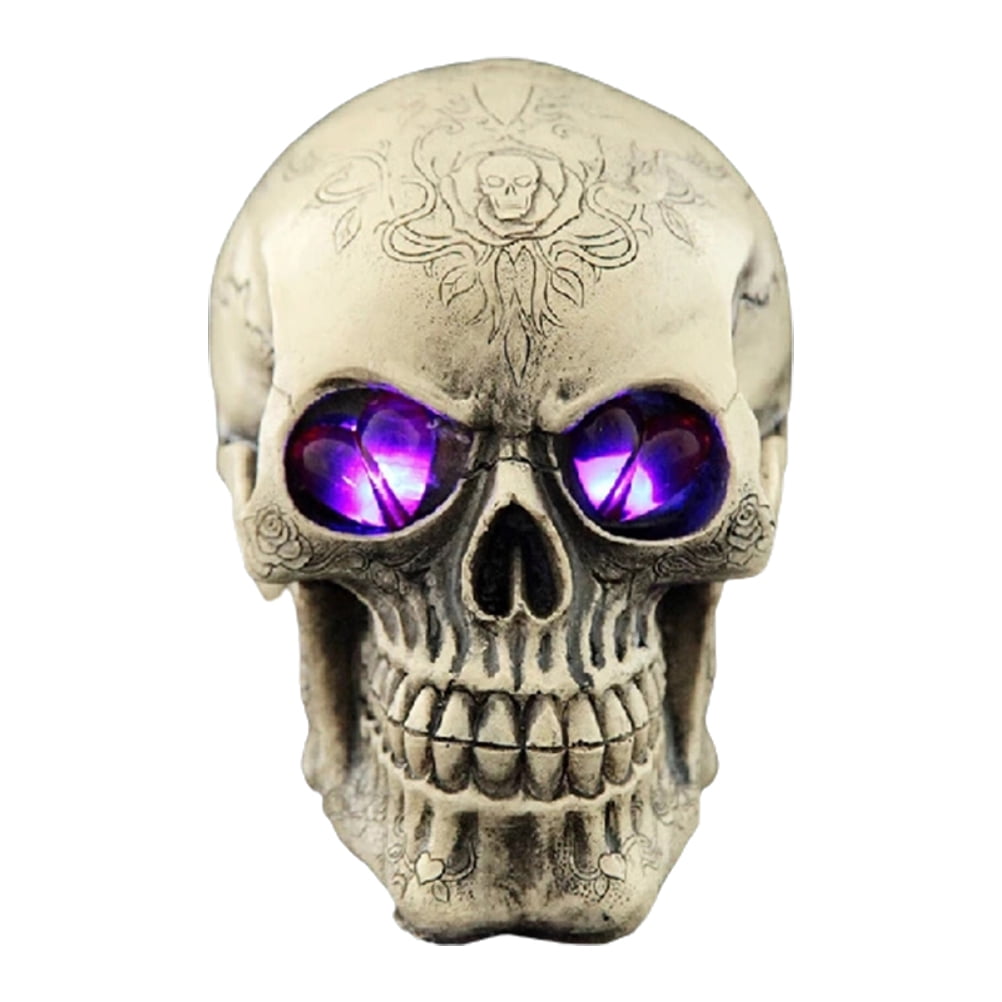 Halloween Skeleton Head Statue with LED Lights Novelty Resin Skeleton ...