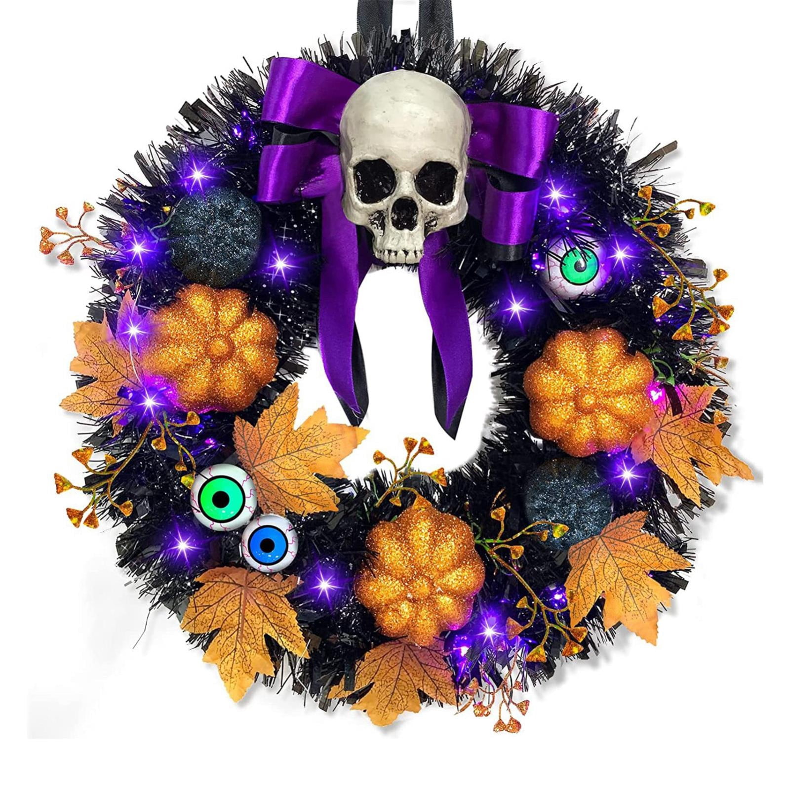 Halloween Skeleton Head Wreath Signs For Front Door With Lights ...