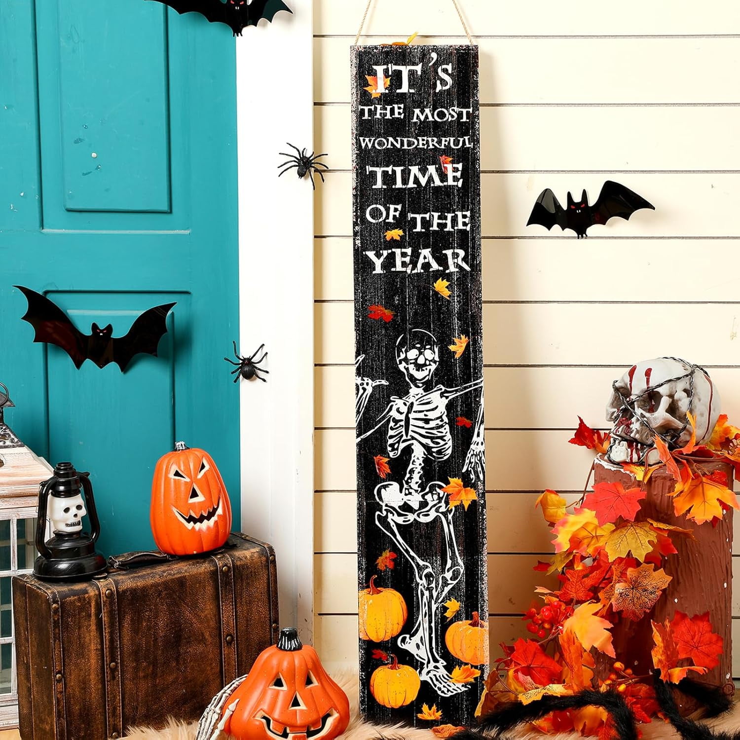 Halloween Skeleton Porch Sign for Front Porch Indoor Skull Vertical ...