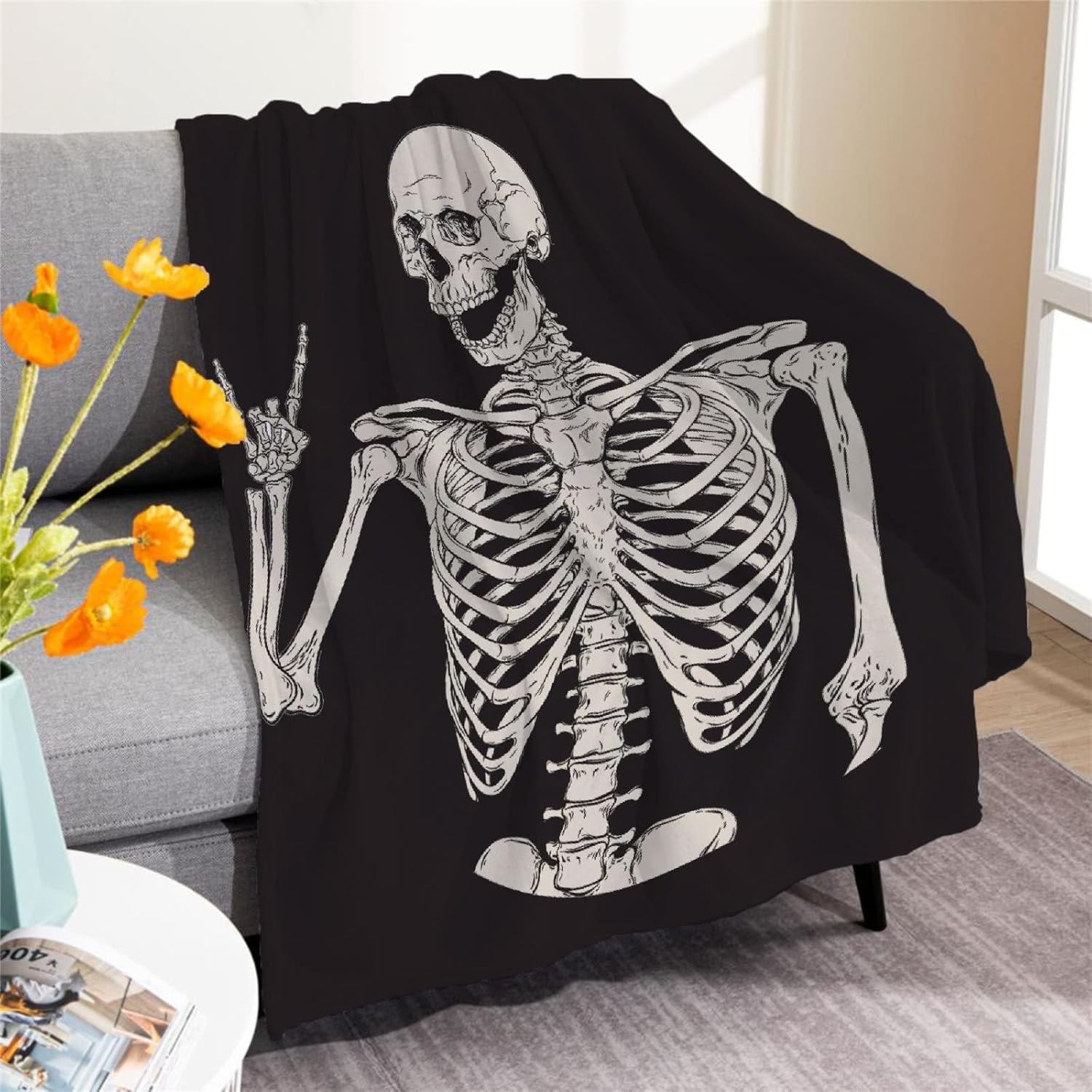 Halloween Skeleton Rock Gesture Blanket Microfiber Flannel Throw ...