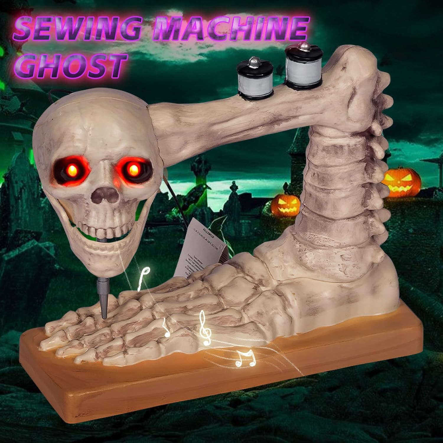 Halloween Skeleton Sewing Machine Decoration, Voice-Activated, Glowing ...
