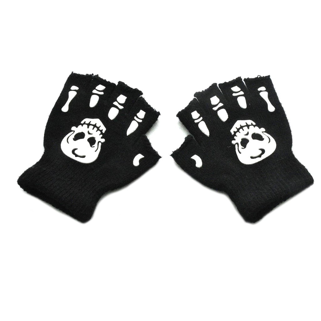 Halloween Skeleton Skull Half Finger Gloves Glowing in Dark Fingerless ...