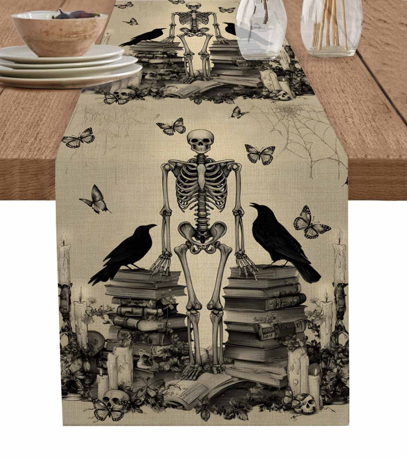 Halloween Skeleton Table Runner 90 Inches, Butterfly Crow Retro Horror ...
