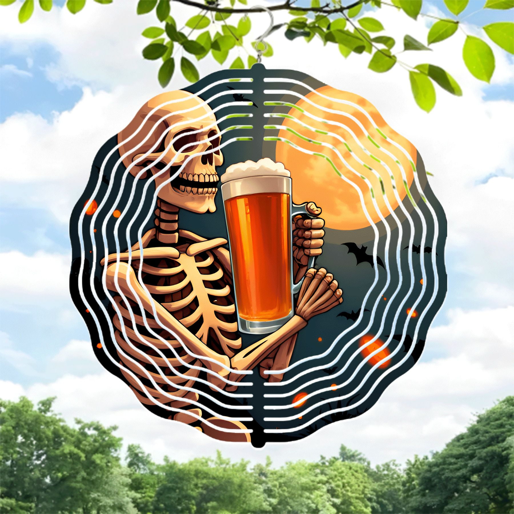 Halloween Skeleton Wind Spinner - Metal Hanging Chime with Full Moon ...