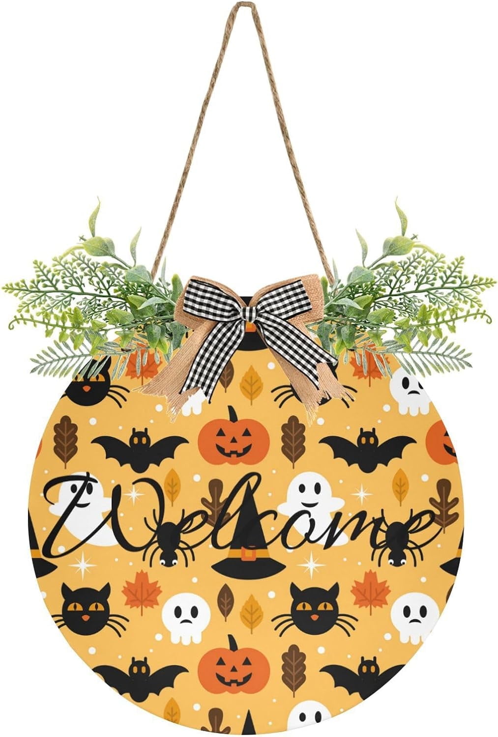 Halloween Skeletons Pumpkins and Black Cats Welcome Sign Front Door ...