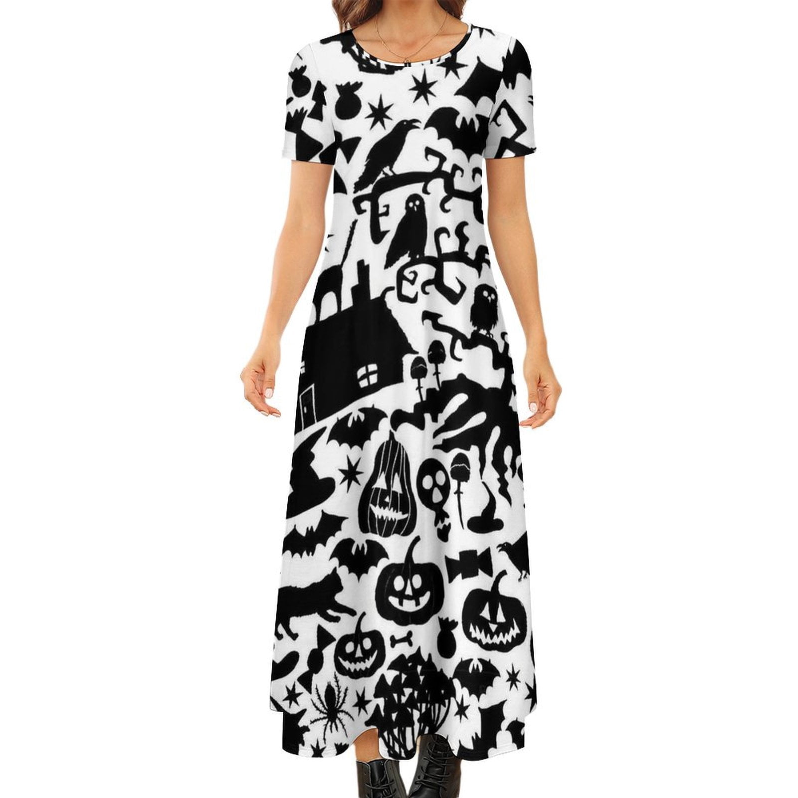 Halloween Skull And Candles Dress Beach Maxi Dress Woman Short Sleeve ...