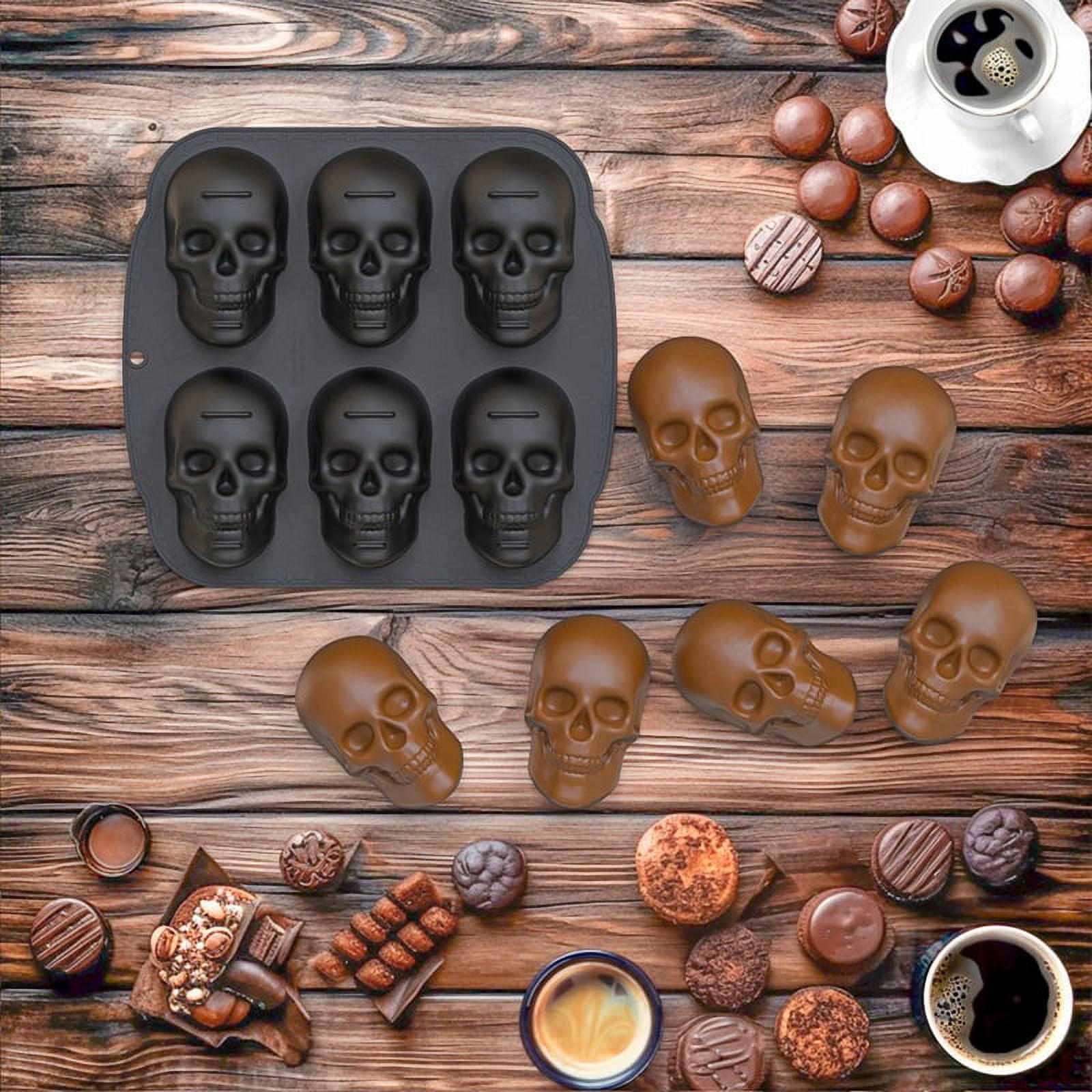 Halloween Skull Cake Pan Silicone Mold, 6 Cavities Pirate Skull 3D ...