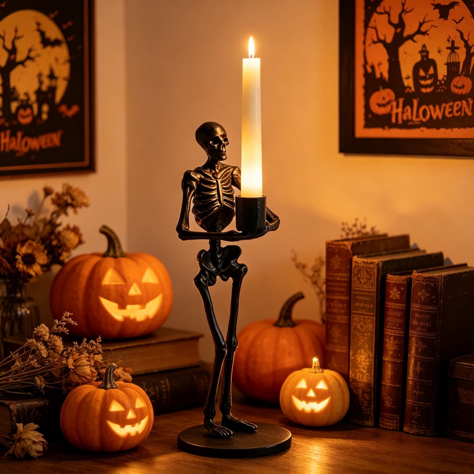 Halloween Skull Candle Holder Resin Skeleton Head Taper Candle Stand ...