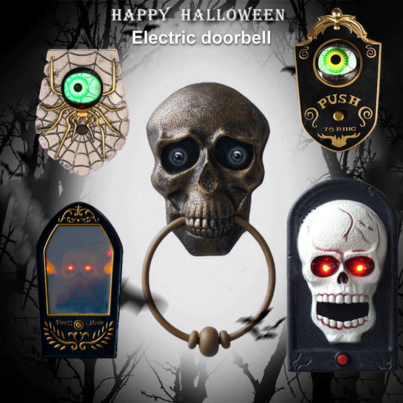 Halloween Skull Doorbell Animated Skeleton Head Door Bell Decoration ...