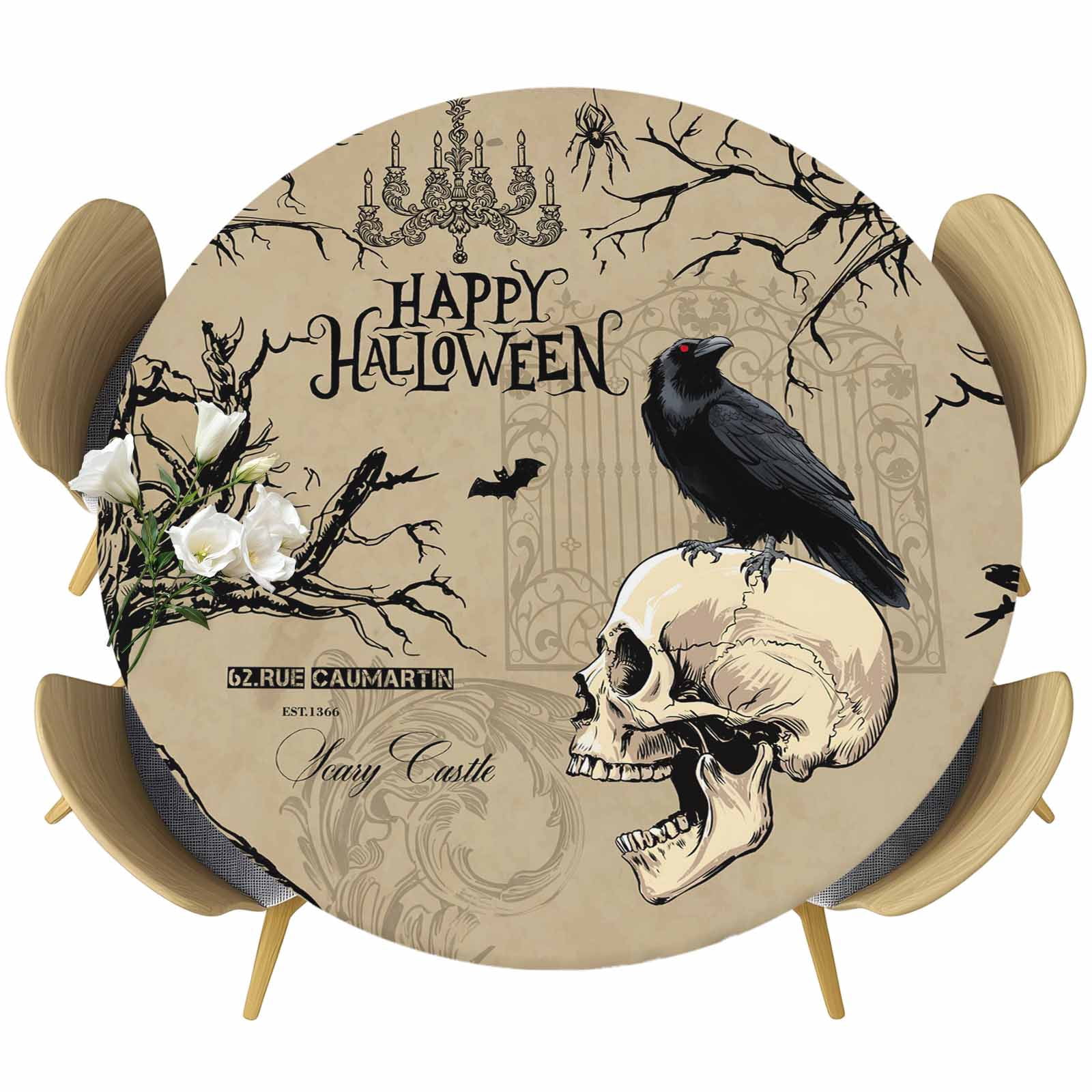 Halloween Skull Head Round Tablecloth, Fitted Table Cover with Elastic ...