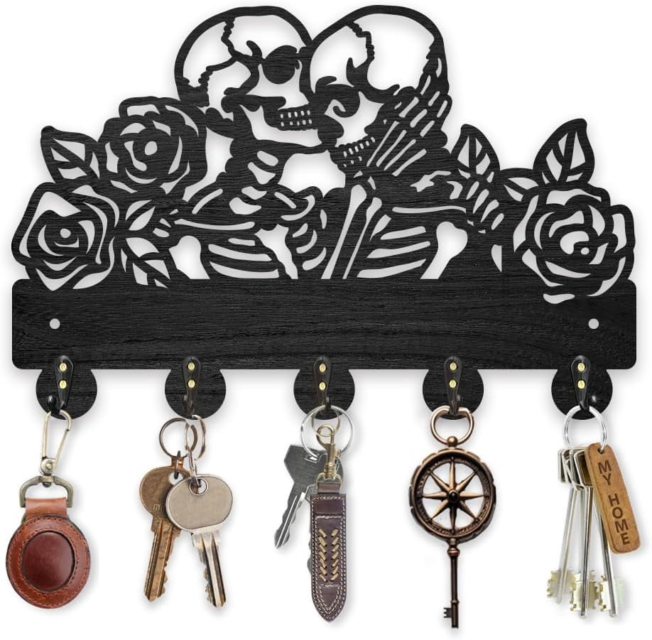 Halloween Skull Key Holder for Wall Wood Rose Flower Skeleton Undead ...