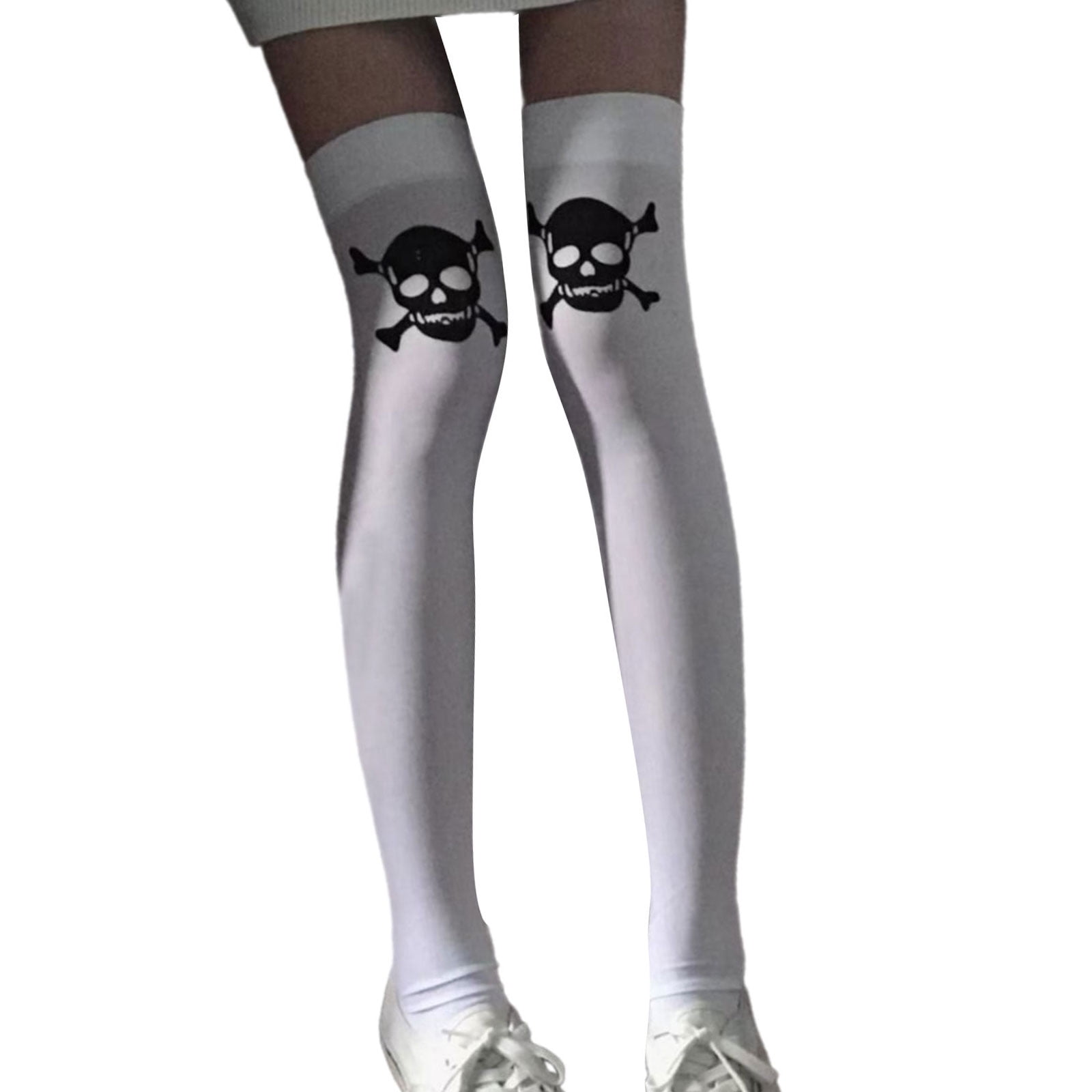 Halloween Skull Print Thigh High Socks Stretchy Nylon Fabric Women Over ...