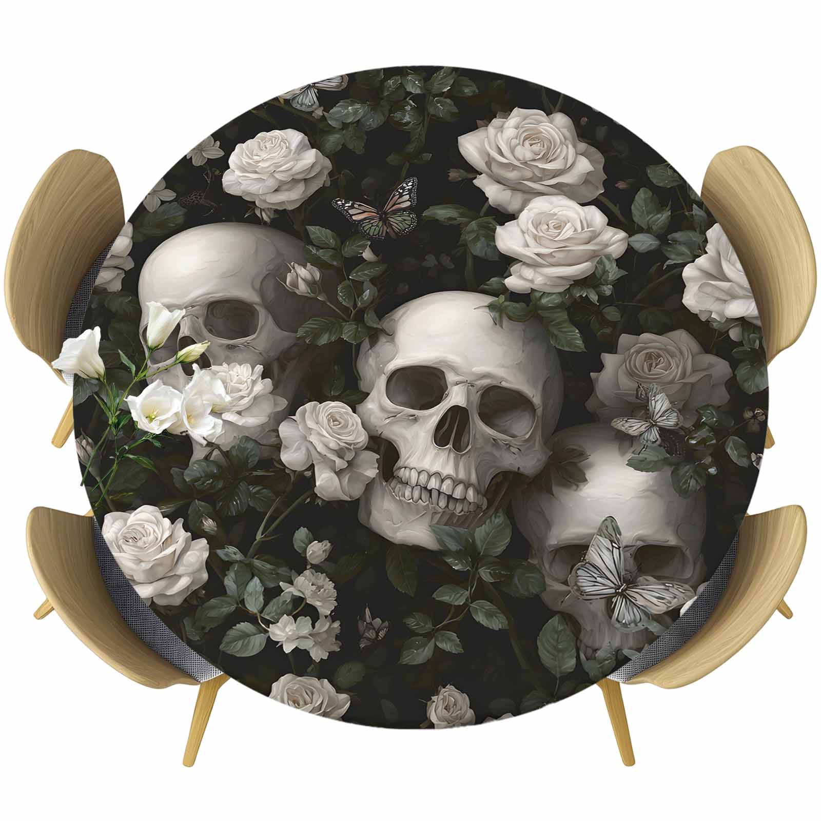Halloween Skull Round Tablecloth, Fitted Table Cover with Elastic for ...