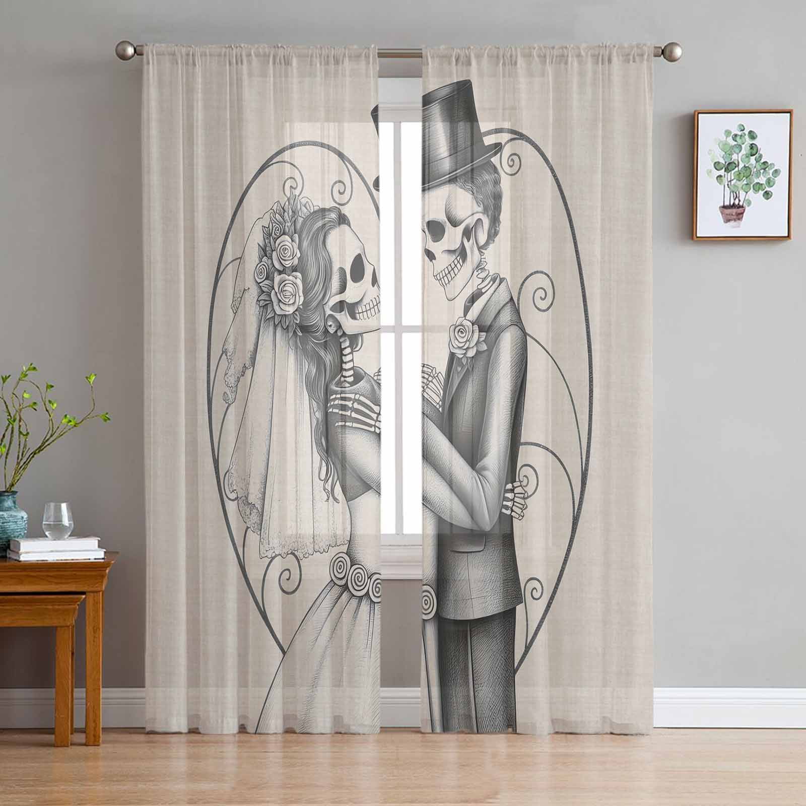 Halloween Skull Sheer Curtains 96 Inches Long 2 Panels Set, Window ...