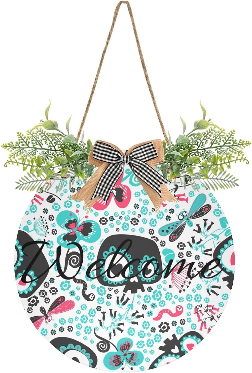 Halloween Skull Welcome Sign Front Door Round Wall Door Sign with ...