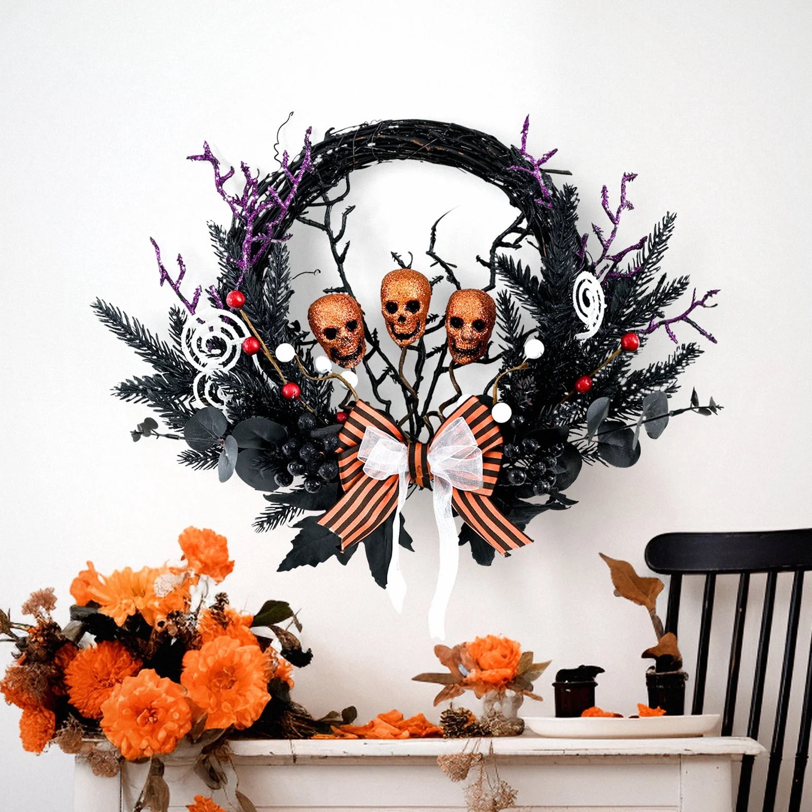 Halloween Skull Wreaths for Front Door with Lights, Halloween Horror ...