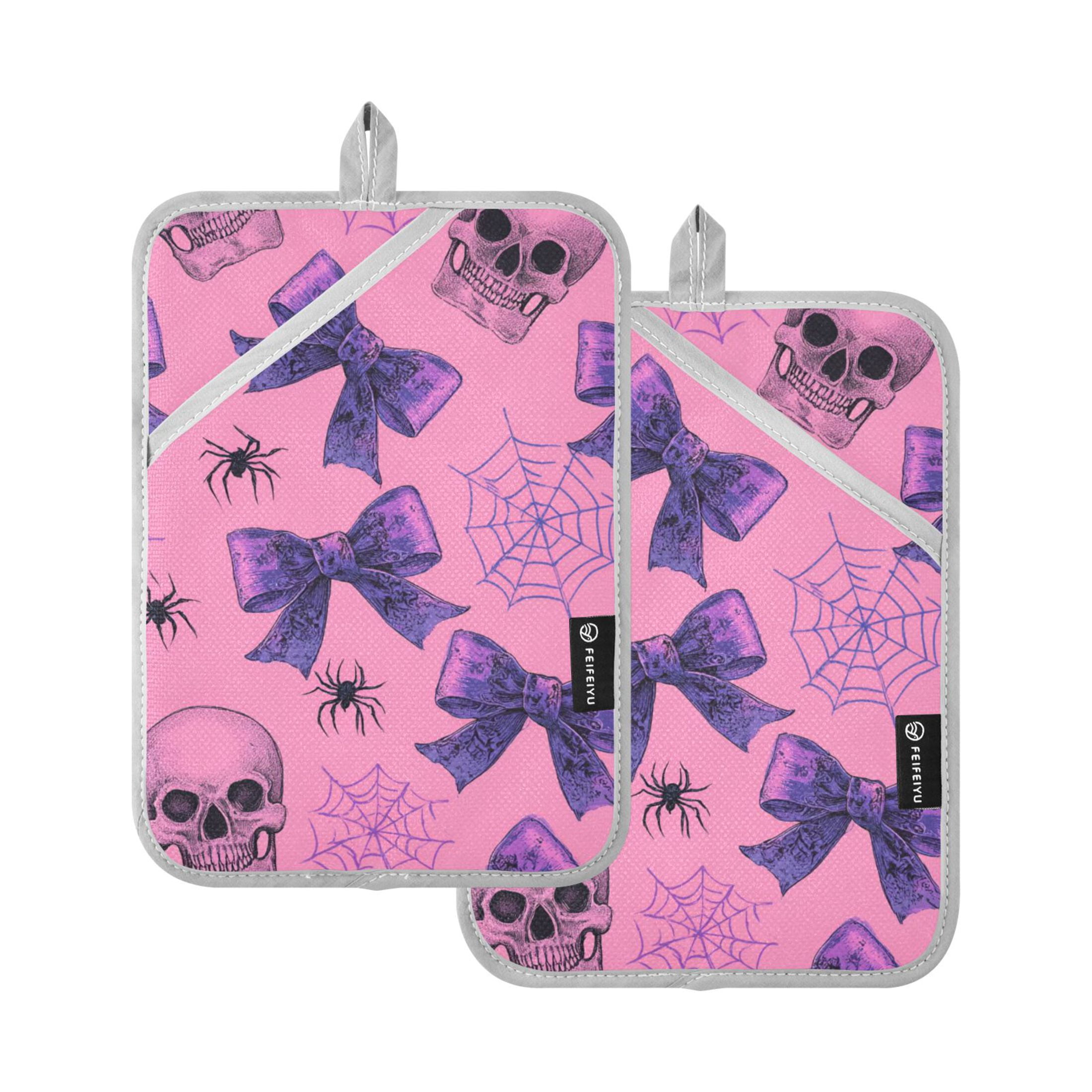 Halloween Skulls Purple Bows Araneid and Net Pot Holder Heat Resistant ...