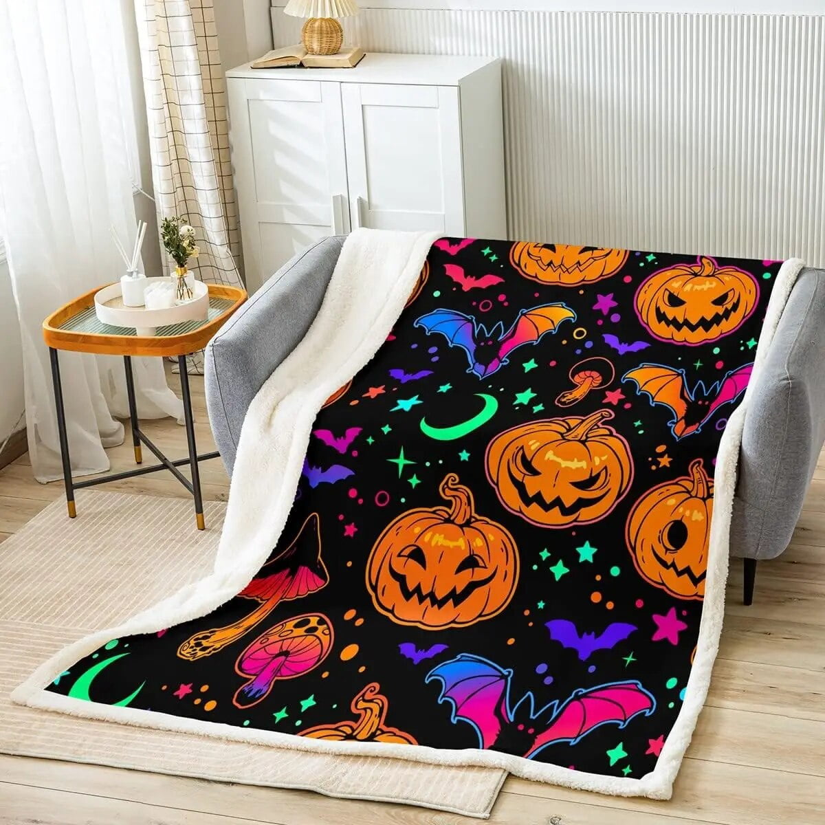 Halloween Smiling Pumpkins Throw Blanket Starry Sky Bat Moonlight Bed ...