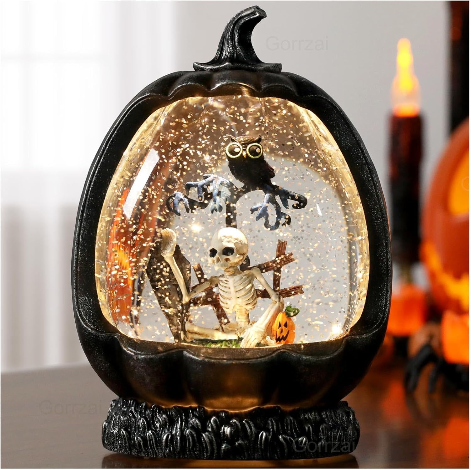 Halloween Snow Globe with Skeleton Owl Pumpkin, Musical Halloween ...