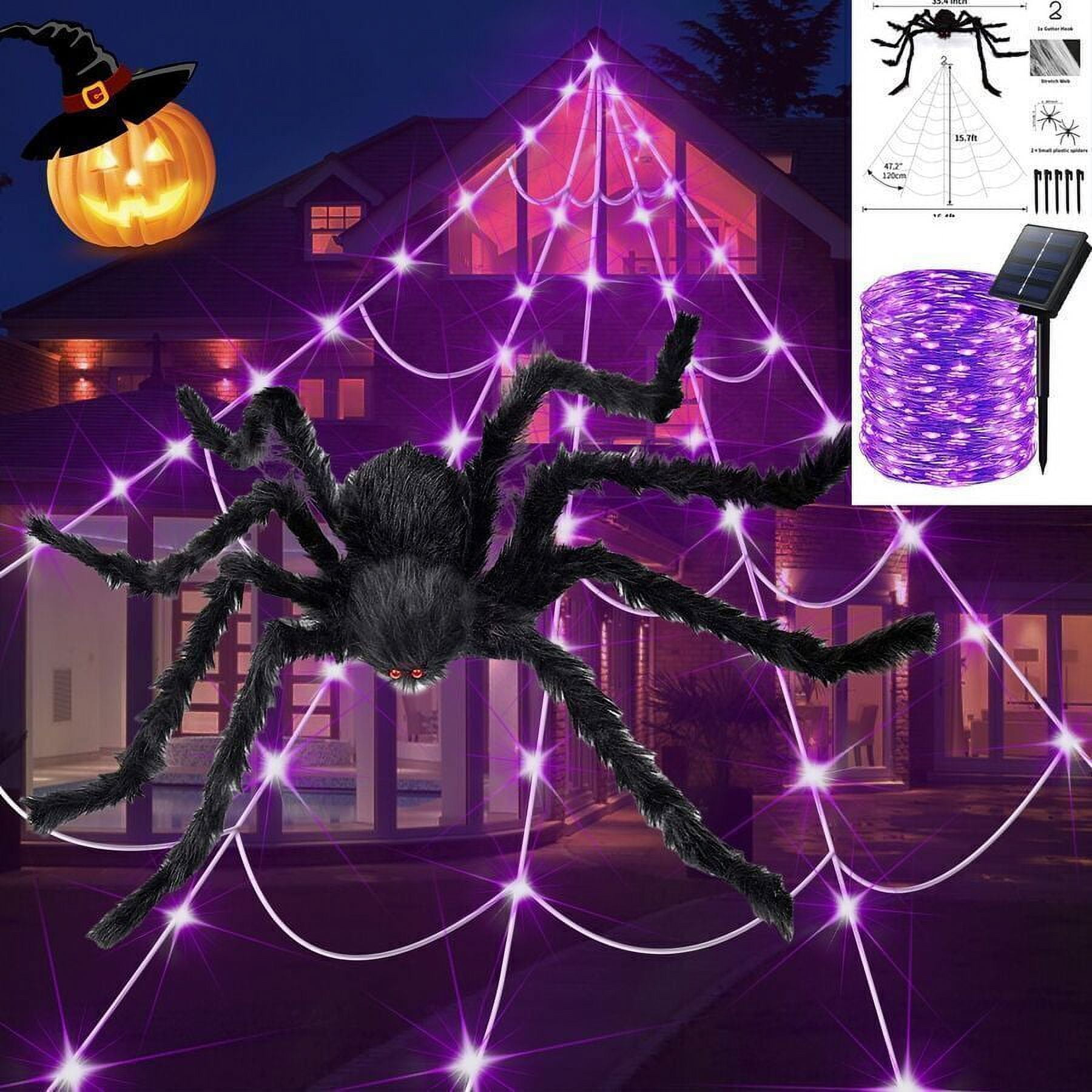 Halloween Solar Light Spider Web w/ Giant Spider Outdoor Patio Party ...