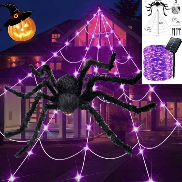 Halloween Solar Light Spider Web w/ Giant Spider Outdoor Patio Party ...