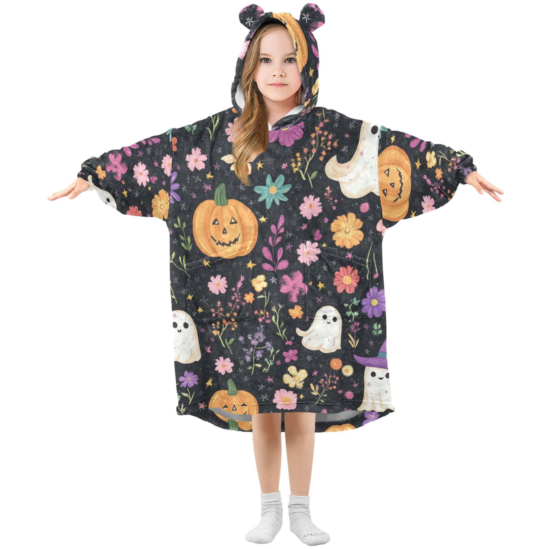 Halloween Specters Pumpkins Flowers Crayon Painting Flannel Wearable ...