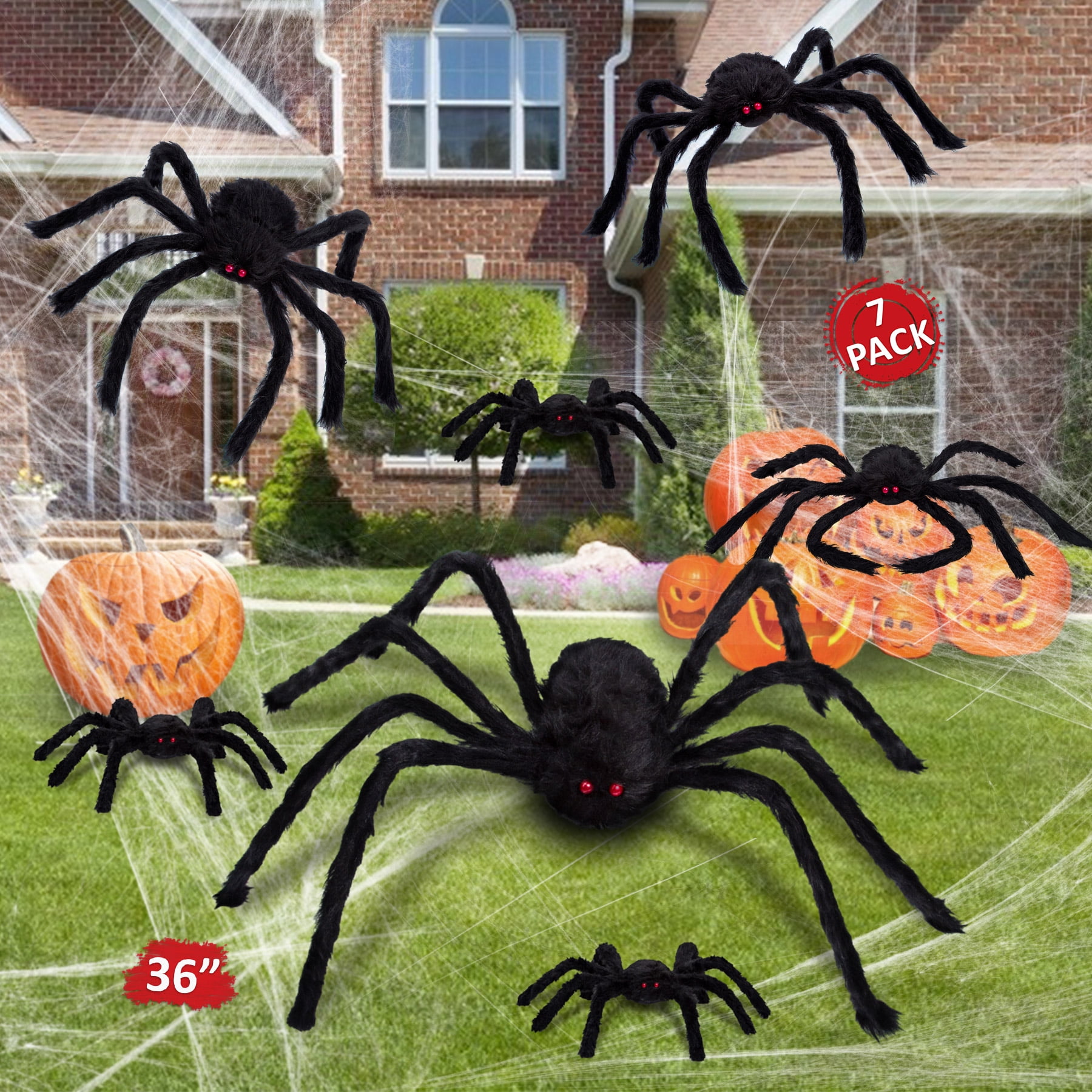 Set of 7 Giant, Large Halloween Spider Decorations, Fuzzy & Realistic ...