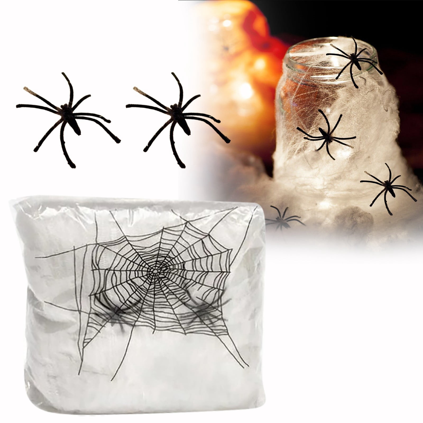 Halloween Spider Web 100g + 4 Spiders - Artificial Fabric Webbing Decor ...