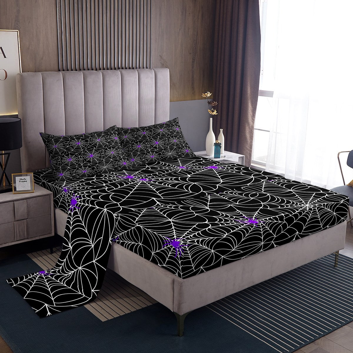 Halloween Spider Web Bed Sheets Set King, Geometric Lines Stripes Sheet ...