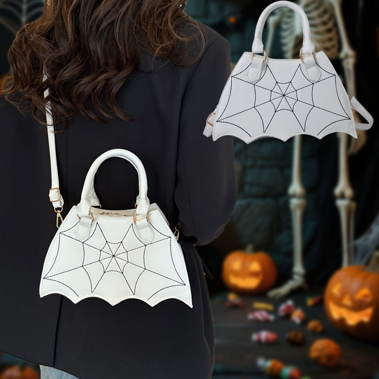 Halloween Spider Web Handbag, White PU Leather Trick-or-Treat Bag with ...