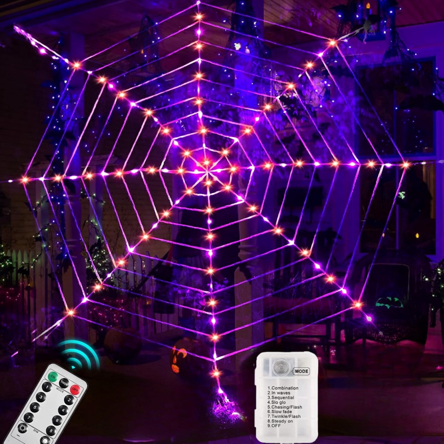 Halloween Spider Web Lights with Black Spider, 4.26FT Diameter 84 LED ...