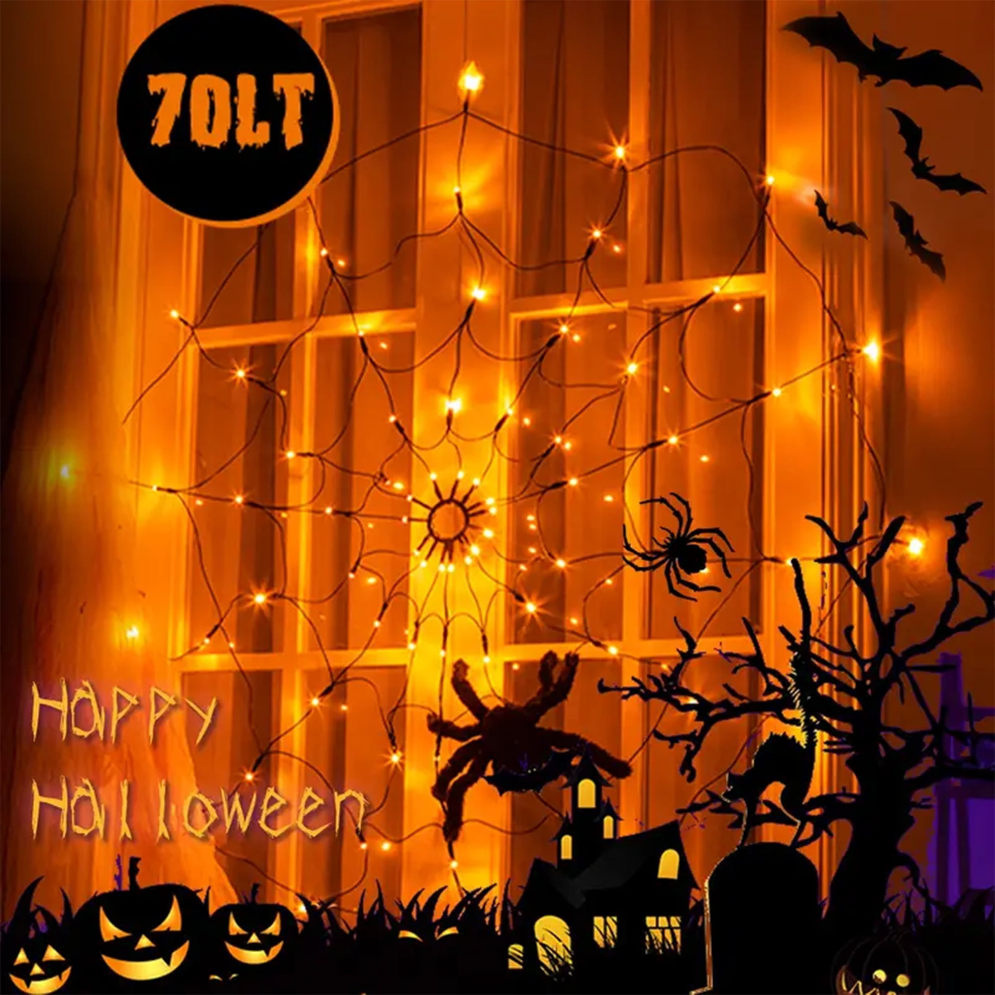 Halloween Spider Web Lights with Orange Spider - 70 Led Waterproof, 8 ...