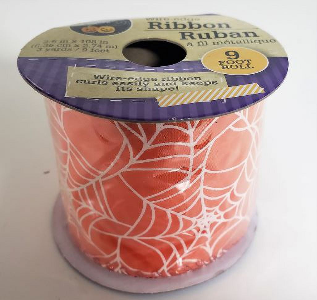 Halloween Spider Web Ribbon Orange/White Wire-edged 2.5" x 9' - Walmart.com