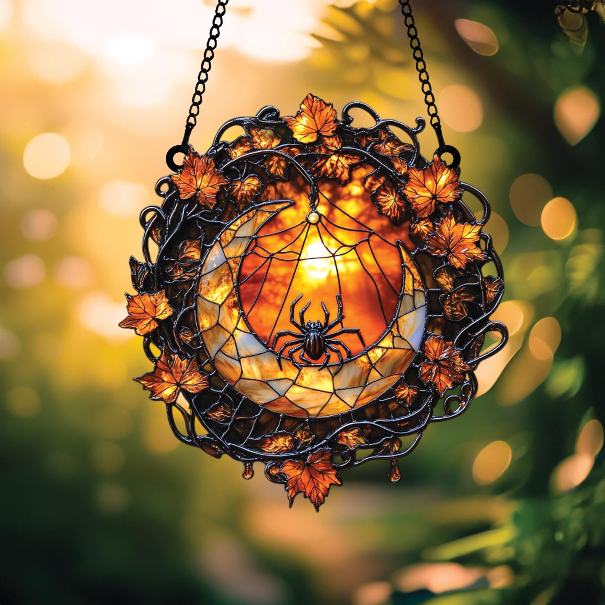 Halloween Spider Web Suncatcher, Acrylic Window Hanging with Crescent ...