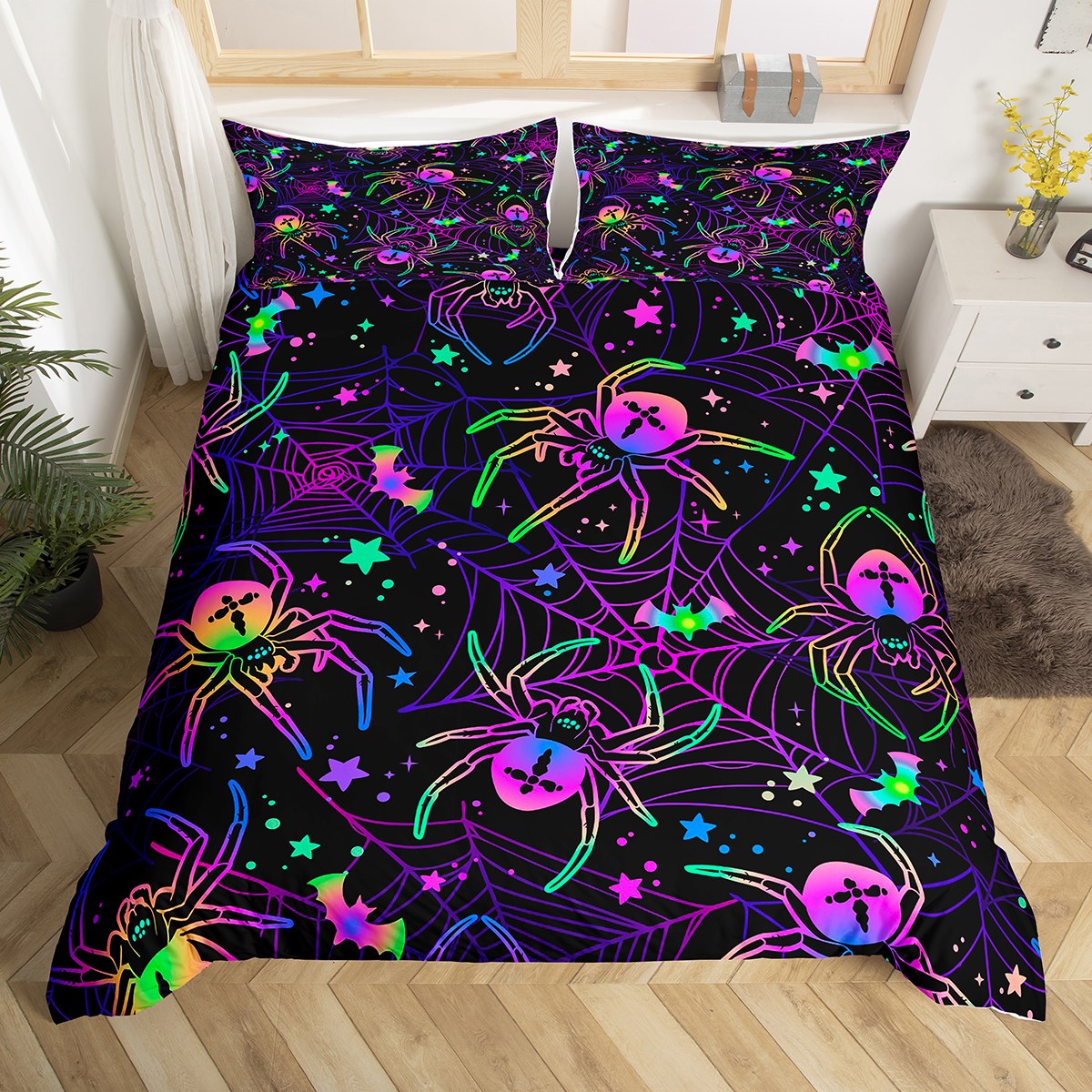 Halloween Spiders Duvet Cover Full Size,Glitter Stars Galaxy Bedding ...