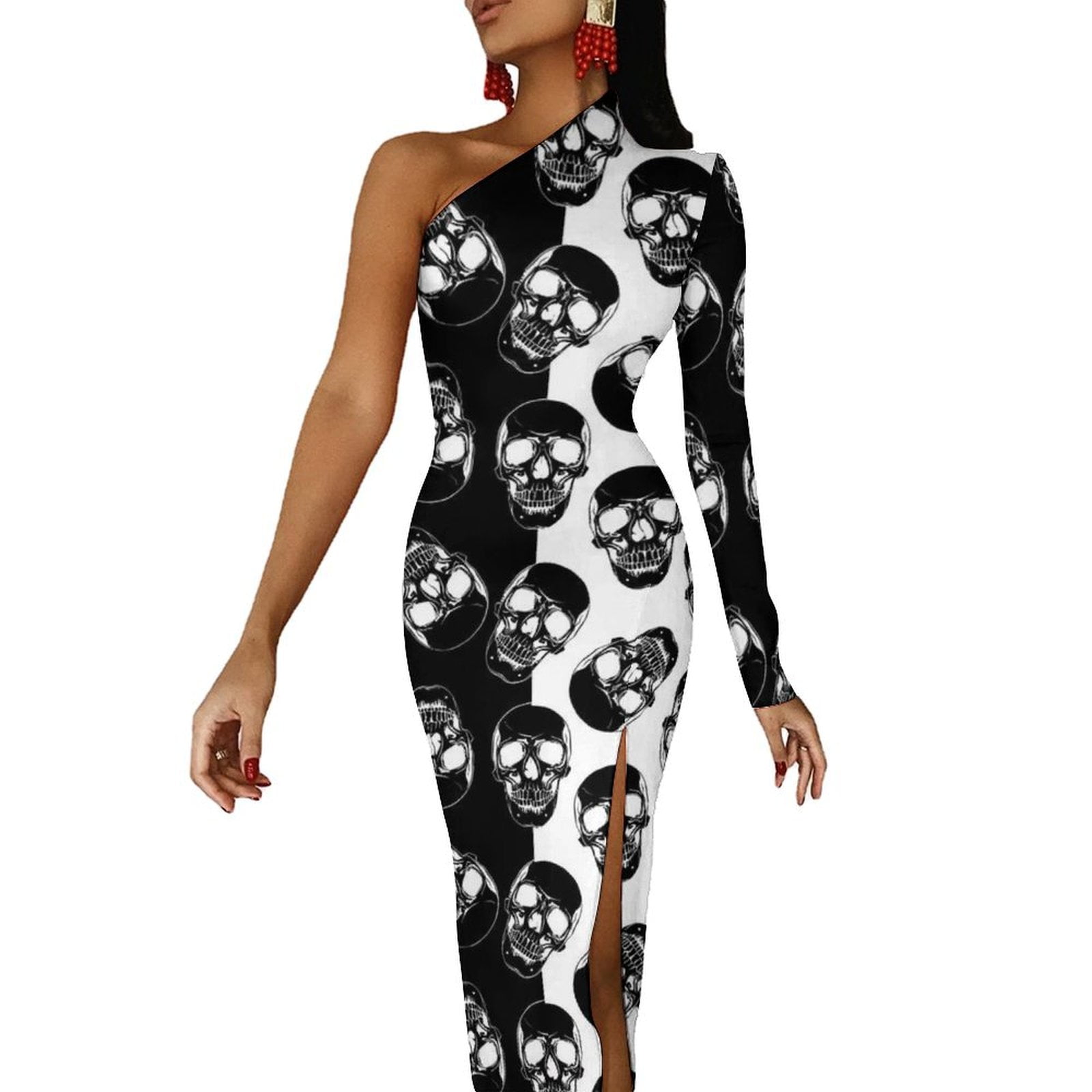 Halloween Spooky Bodycon Dress Womens Black Bats Elegant Maxi Dress One ...