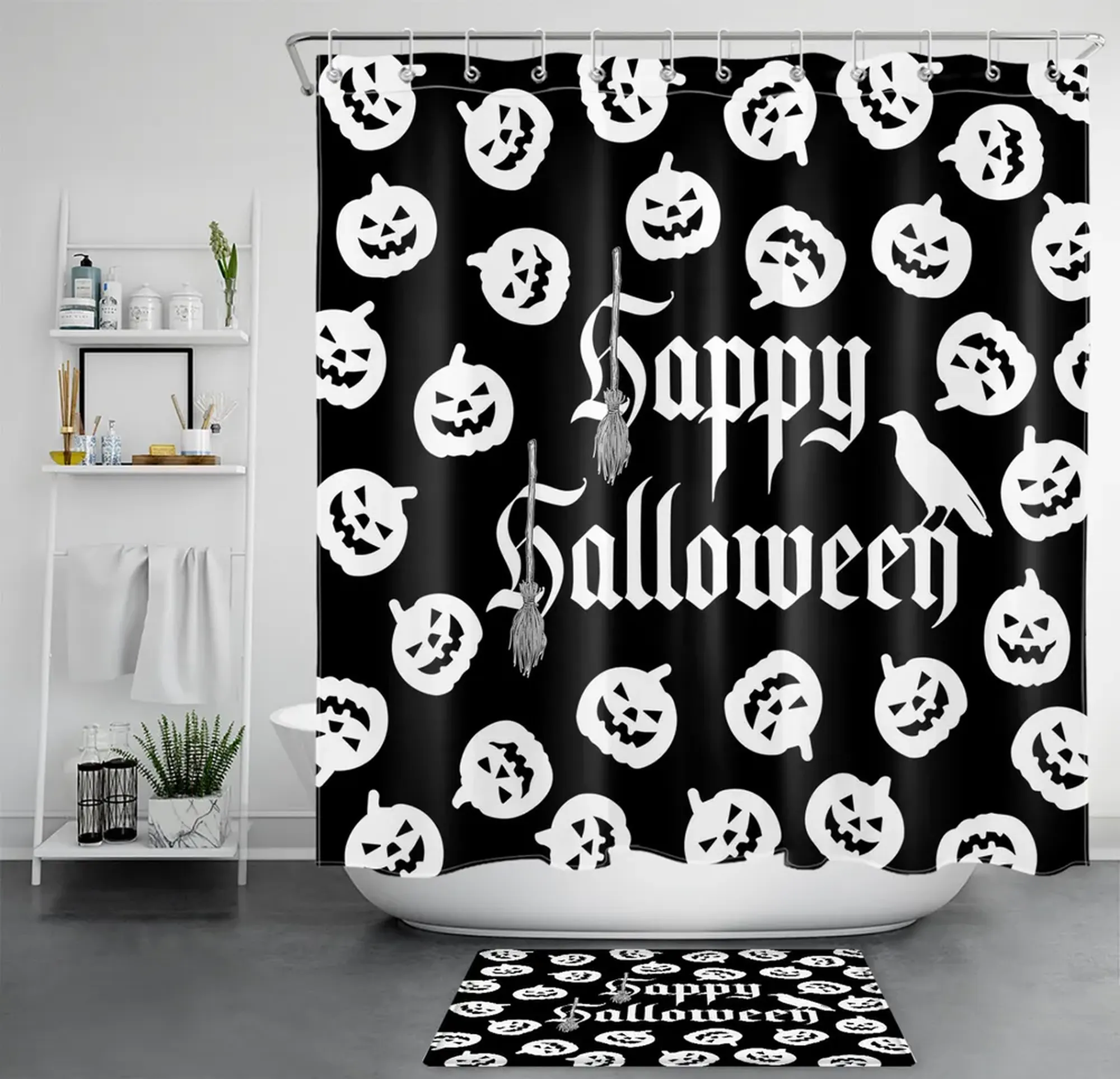 Halloween Spooky Crow Pumpkin Witch Broom Shower Curtain Set For