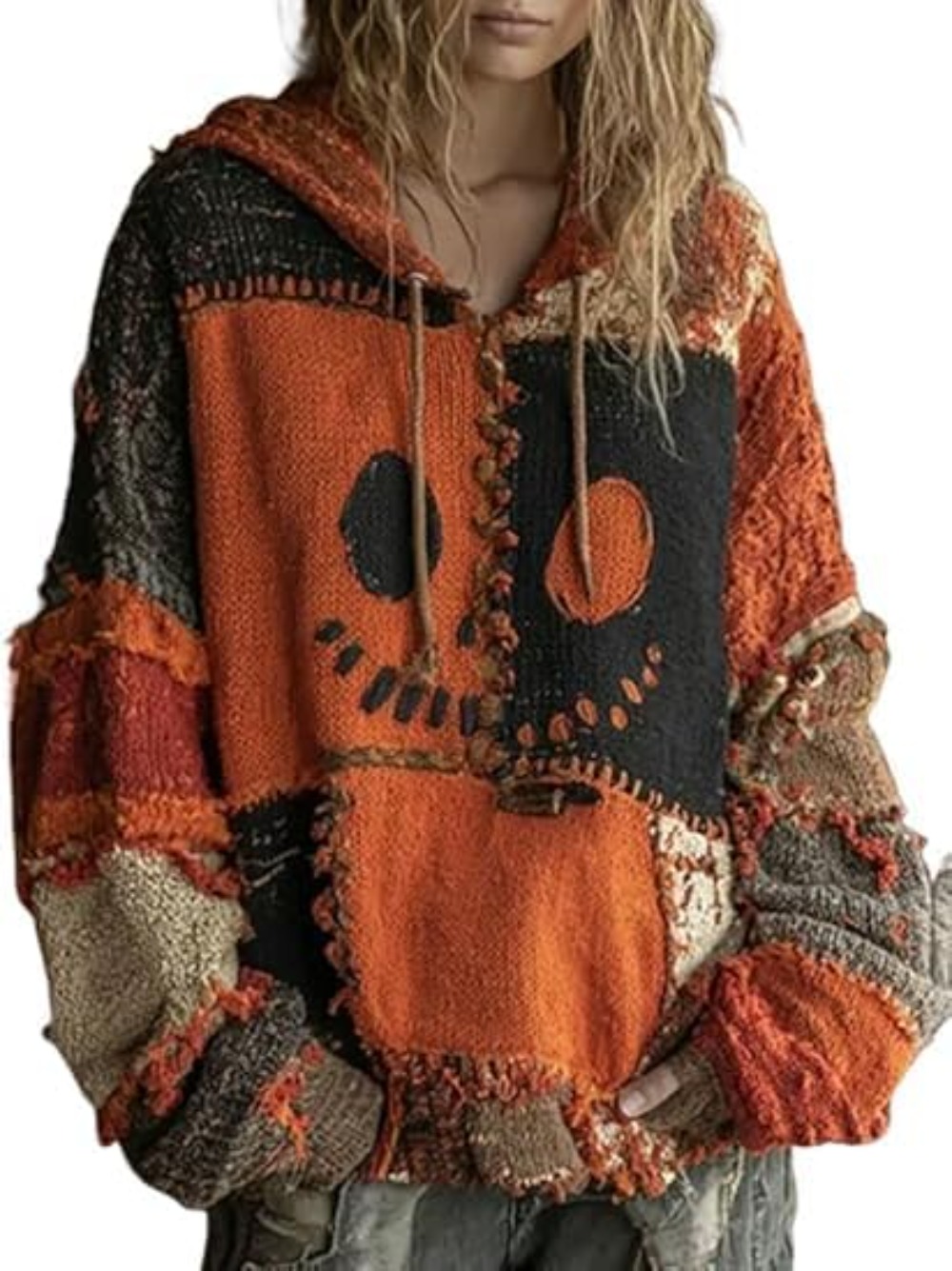 Halloween Spooky Face Patchwork Print Hoodie Pumpkin Face Sweatshirt ...
