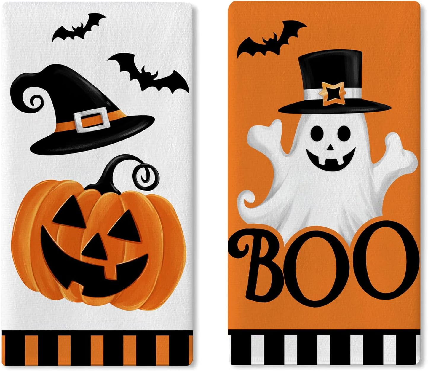 Halloween Spooky Ghost Boo Kitchen Dish Towels Set of 2, Orange Jack O ...